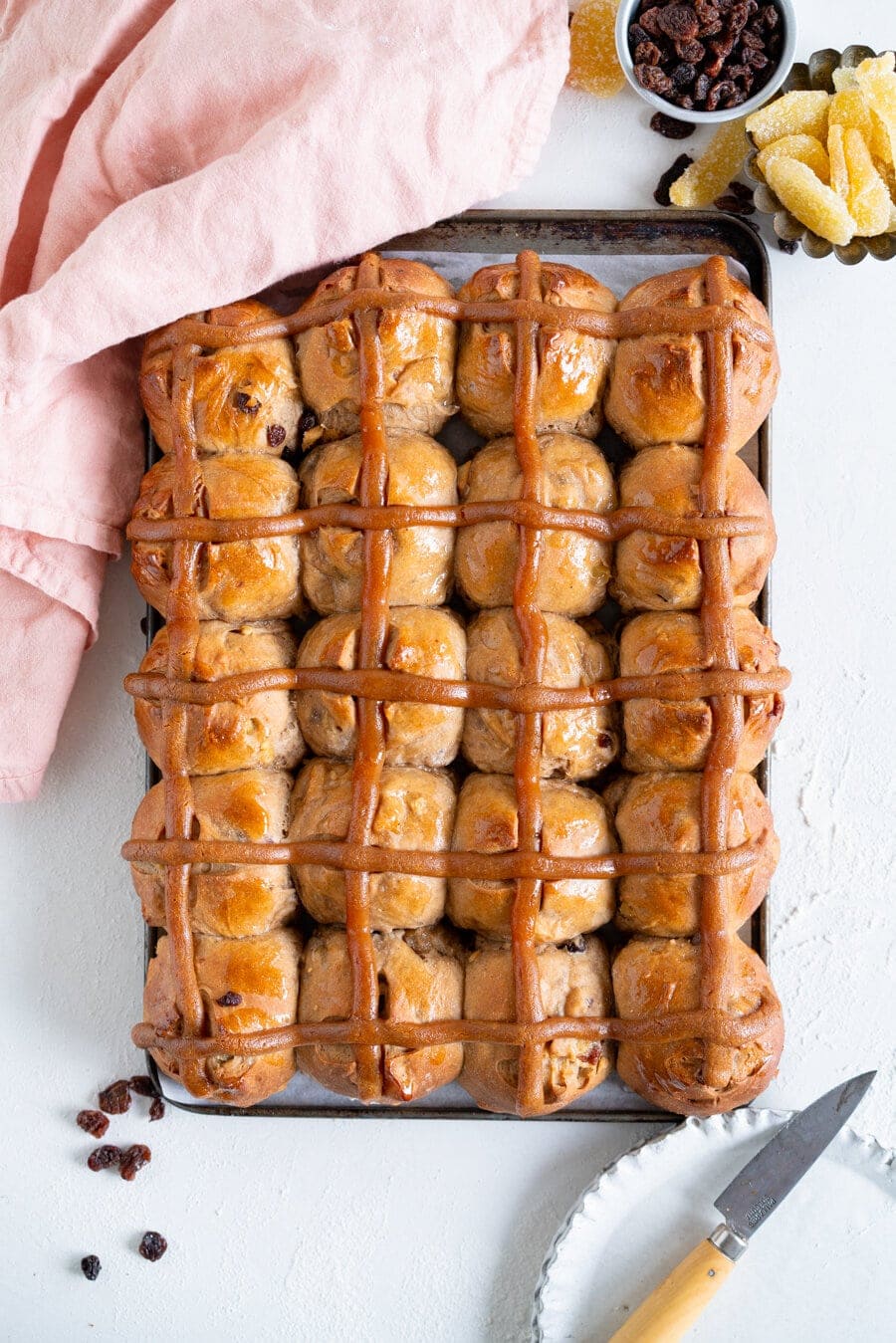 Roasted Apple, Crystallised Ginger, and Sultana Hot Cross Buns with ...