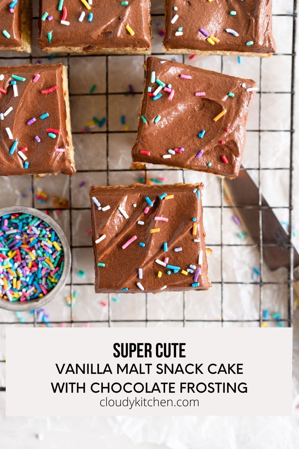 Vanilla Malt Snack Cake with Chocolate Frosting - Cloudy Kitchen
